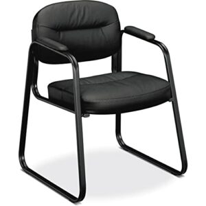 hon sled base guest leather chair with fixed arms, black (hvl653)