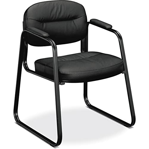 HON Sled Base Guest Leather Chair with Fixed Arms, Black (HVL653)