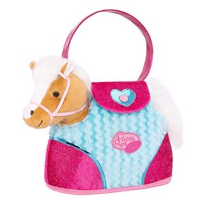 pucci pups – beige horse with blue stripes and pink pony bag (st8274z) 10 inches