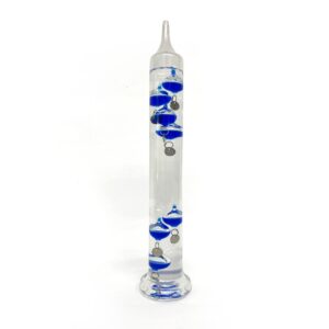 30cm tall free standing galileo thermometer with seven blue floating globes | measures temperatures from 16 degrees centigrade to 28 degrees | also in fahrenheit | weather station | water thermometer