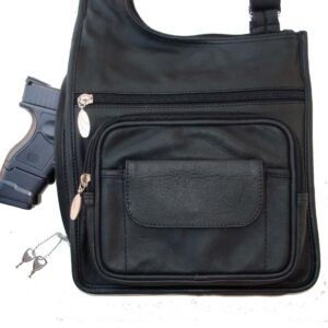 Conceal and Carry Black Leather Purse Compact Design but Highly Efficient includes Built-in Wallet and Locking Zipper for weapon security "The Lisa"