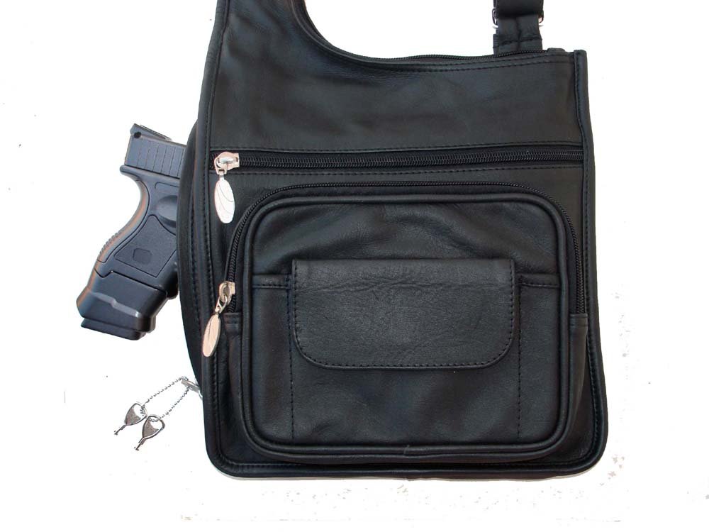 Conceal and Carry Black Leather Purse Compact Design but Highly Efficient includes Built-in Wallet and Locking Zipper for weapon security "The Lisa"