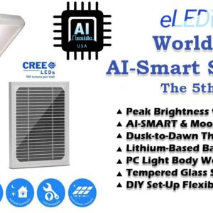 eLEDing 1000LM CREE LED World's 1st AI Smart 180-Degree Motion Activated Outdoor Solar Powered Security Flood Spot Parking Garden Backyard Path Light Floodlight