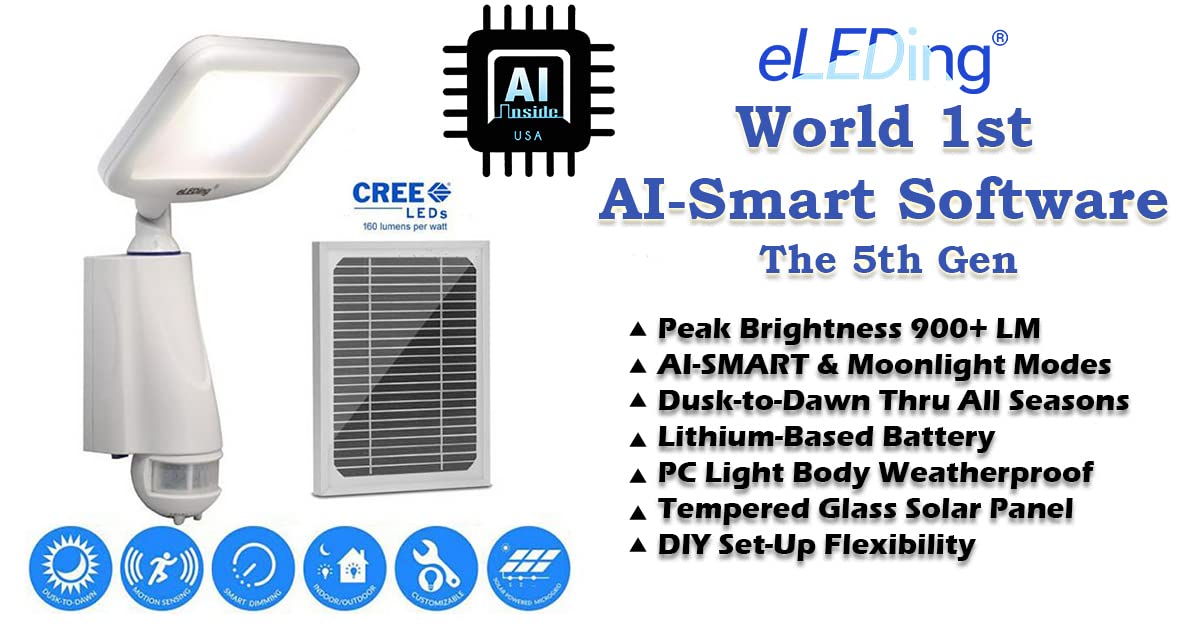 eLEDing 1000LM CREE LED World's 1st AI Smart 180-Degree Motion Activated Outdoor Solar Powered Security Flood Spot Parking Garden Backyard Path Light Floodlight