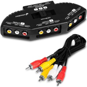 fosmon a1602 rca splitter with 3-way audio, video rca switch box + rca cable for connecting 3 rca output devices to your tv