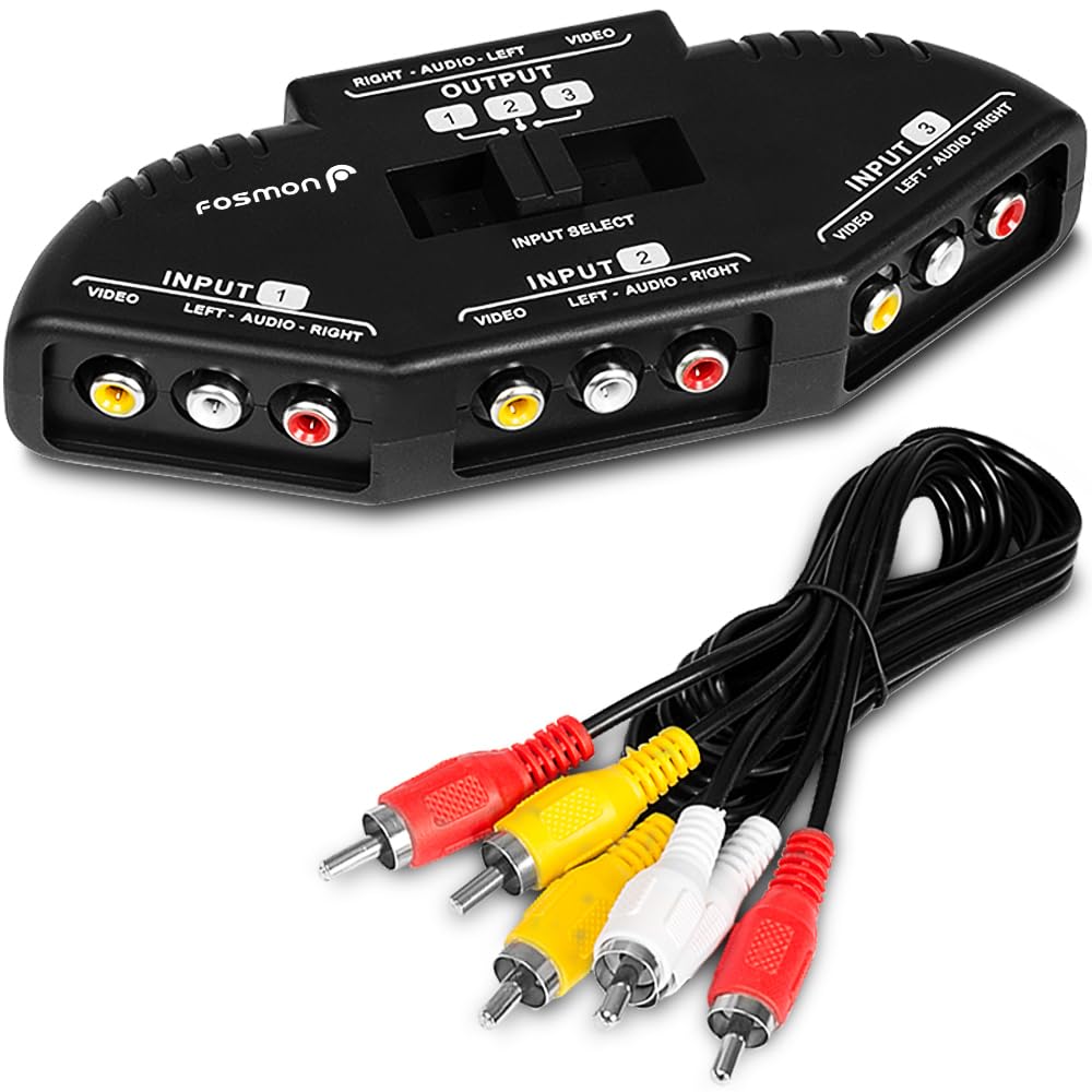 Fosmon A1602 RCA Splitter with 3-Way Audio, Video RCA Switch Box + RCA Cable for Connecting 3 RCA Output Devices to Your TV