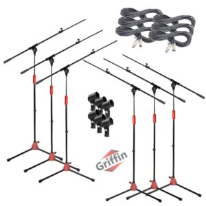 griffin microphone boom stand (pack of 6) with xlr cables & mic clip | telescopic arm tripod legs for studio recording accessories, singing vocal karaoke, dj live | 20ft pro audio mic cord 24 awg wire