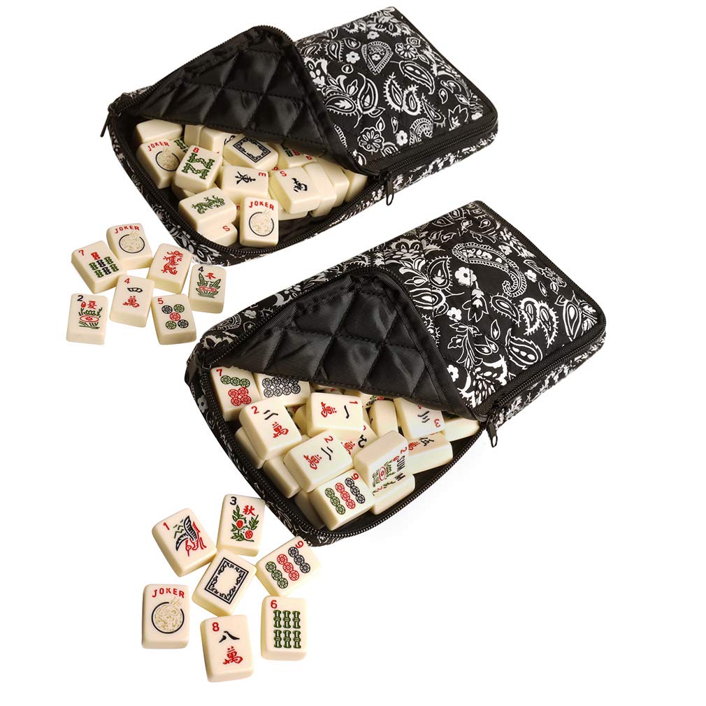 Linda Li American Mahjong Set Black Paisley Soft Bag - 166 Ivory Colored Engraved Tiles, 4 All-in-One Rack/Pushers