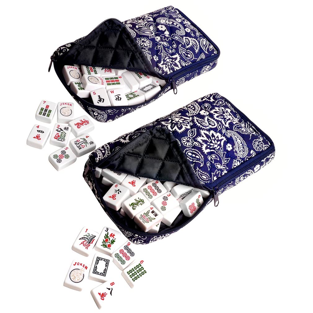 Linda Li New! - American Mahjong Set 166 Premium White Tiles, 4 All-in-One Rack/Pushers, Blue Paisley Soft Bag – Classic Full Size Complete Mahjongg Set