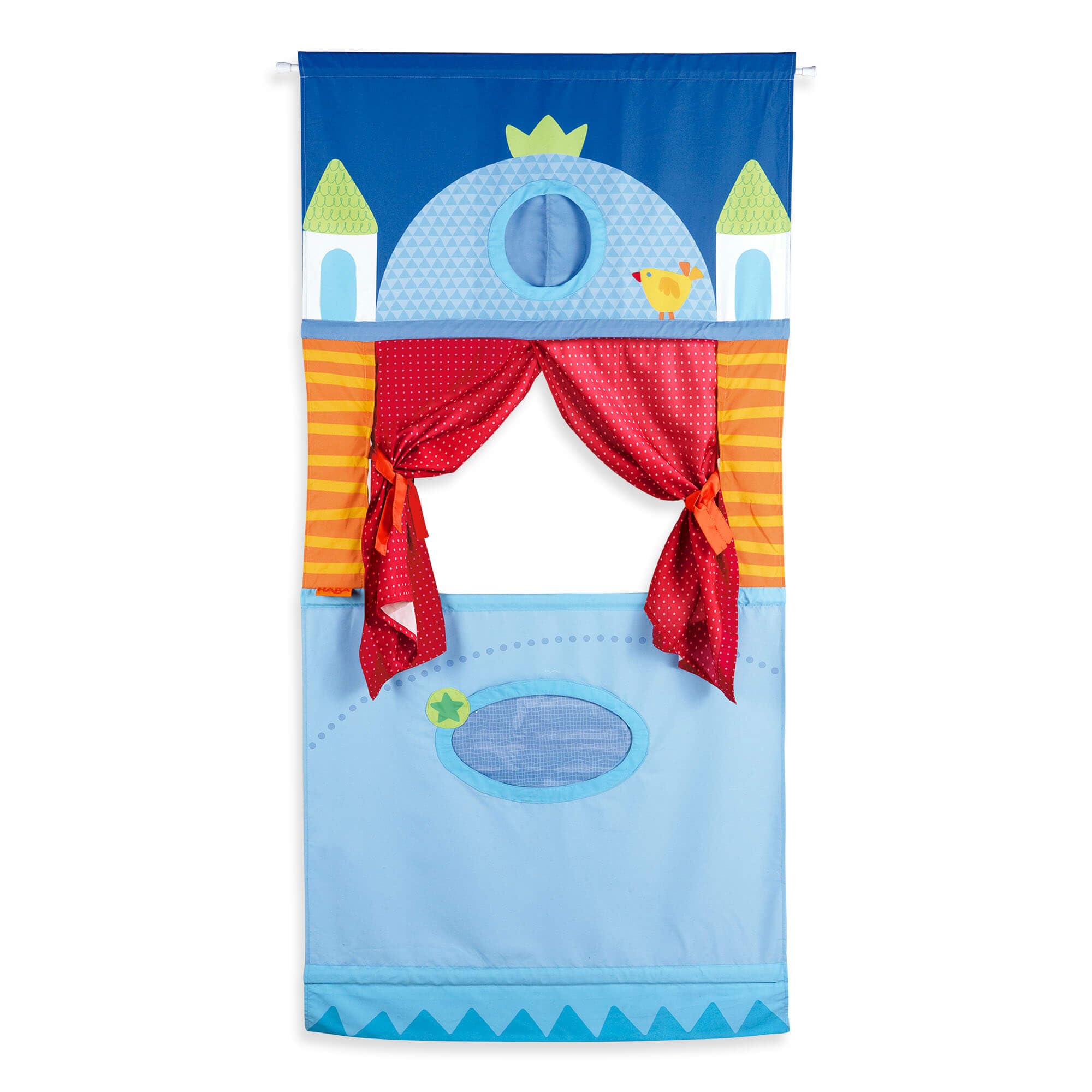 HABA Doorway Puppet Theater - Space Saver with Adjustable Rod: Ideal for Pretend Play, Hand Puppets, Educational Kids Activities, & Toys for Toddlers