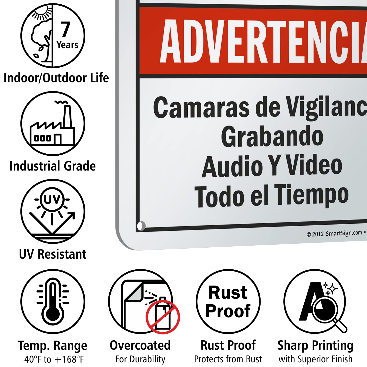 SmartSign "Warning - Audio & Video Surveillance On Duty At All Times" Bilingual Sign | 7" x 10" Aluminum