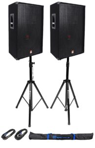 (2) rockville rsg15 15 3-way 1500 watt 8-ohm dj pa speaker +stands +cables