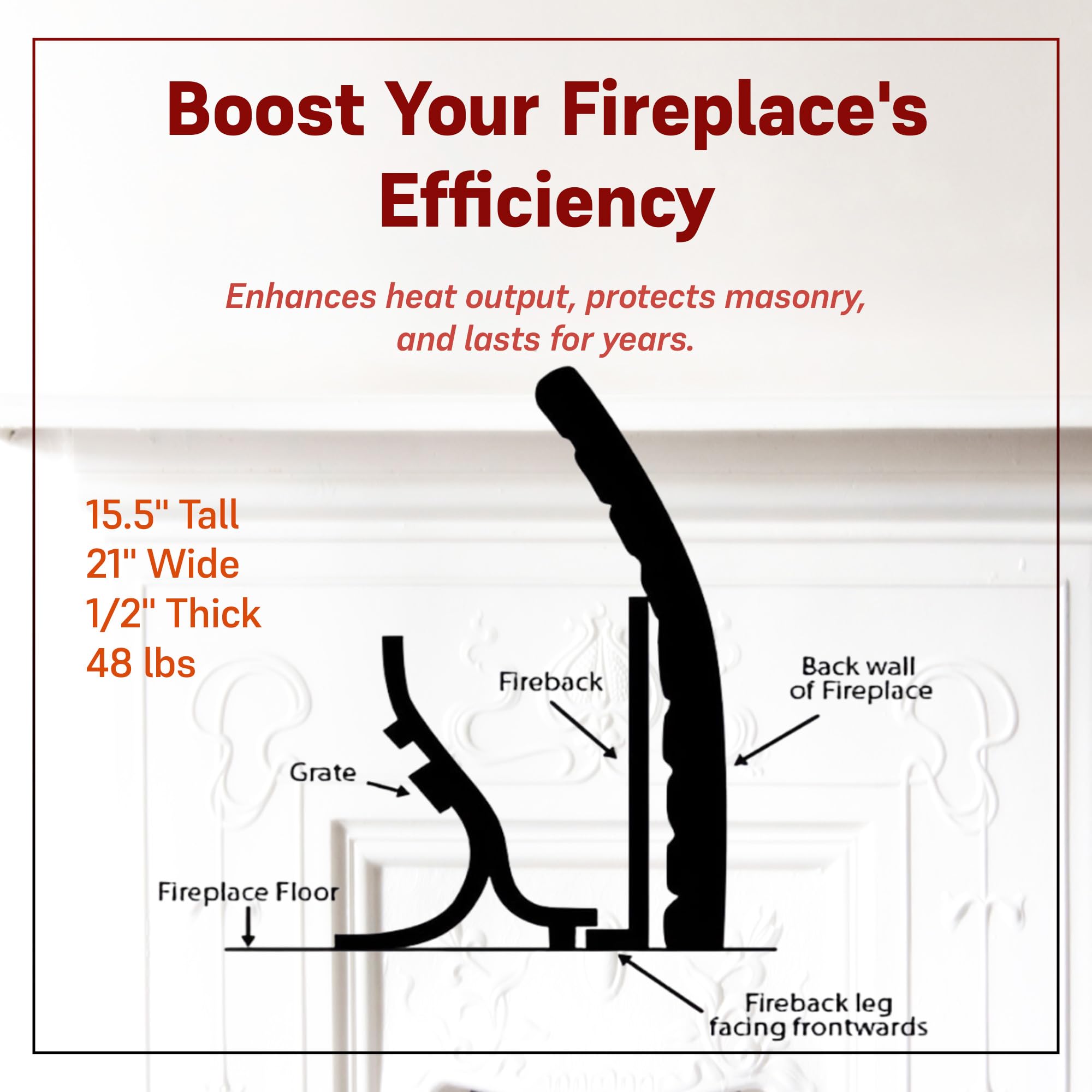 Grate Wall of Fire Model RF-5 Reflective Fireback – 21" Wide x 15.5" Tall, 1/2" Thick Steel – Boosts Fireplace Heat, One-Piece Design, Made in The USA – Compatible with Any Fireplace Grate