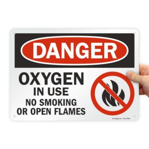 smartsign - u9-1266-np "danger - oxygen in use, no smoking or open flames" sign | 10" x 14" plastic , black/red on white