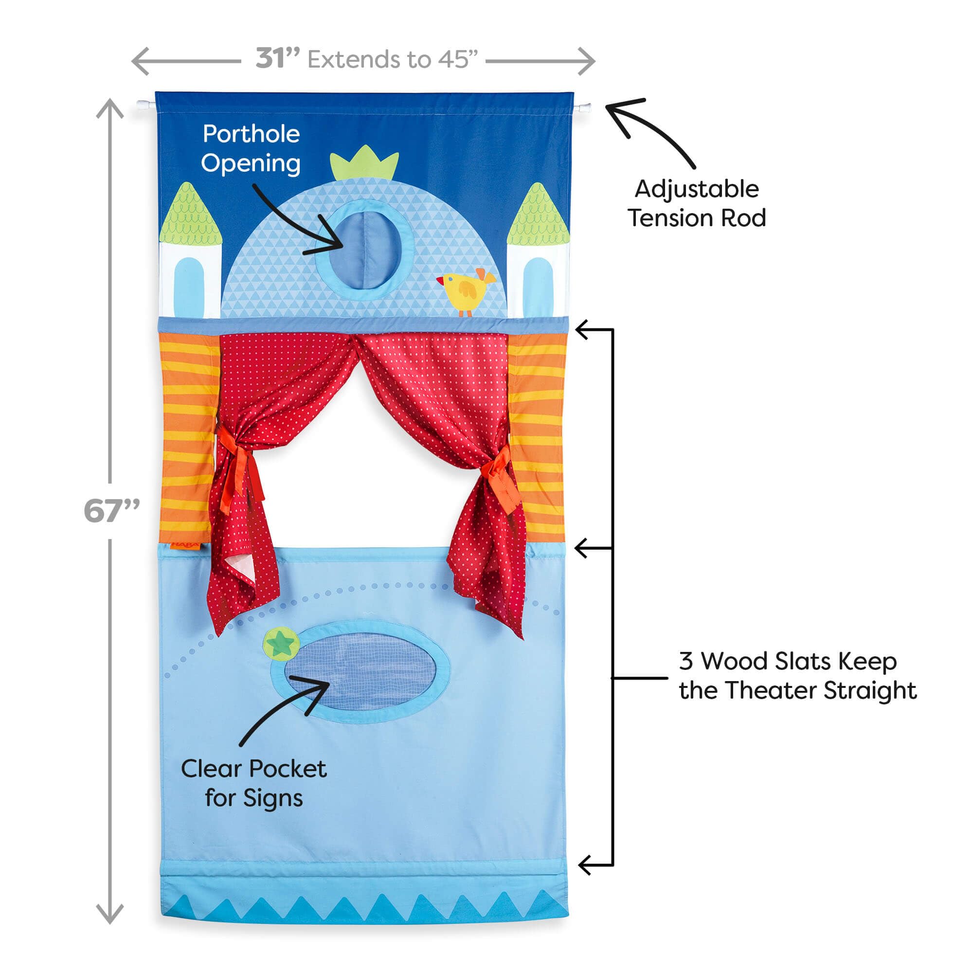 HABA Doorway Puppet Theater - Space Saver with Adjustable Rod: Ideal for Pretend Play, Hand Puppets, Educational Kids Activities, & Toys for Toddlers