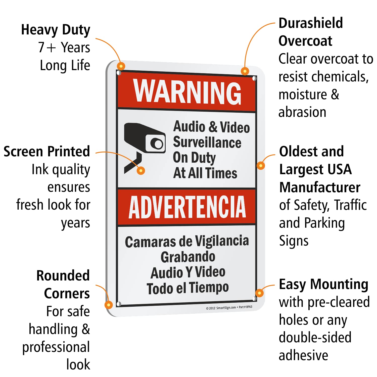 SmartSign "Warning - Audio & Video Surveillance On Duty At All Times" Bilingual Sign | 7" x 10" Aluminum