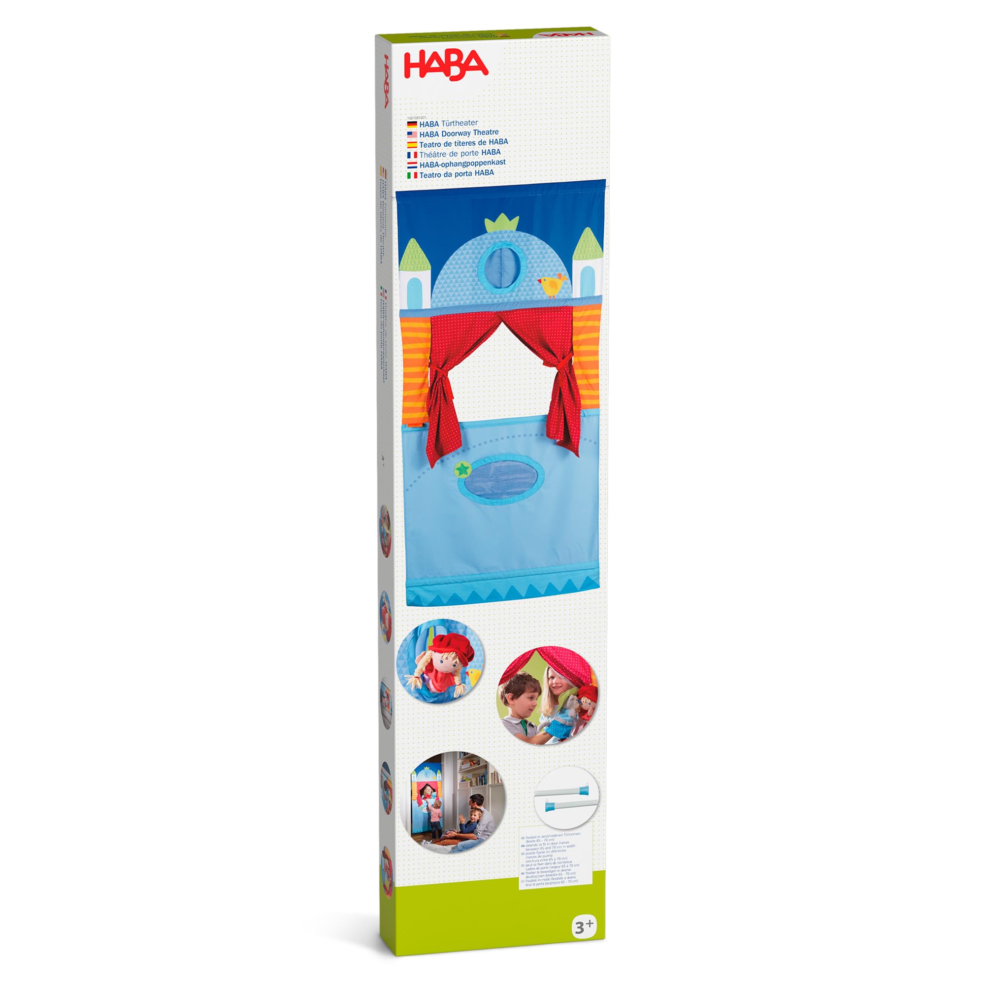 HABA Doorway Puppet Theater - Space Saver with Adjustable Rod: Ideal for Pretend Play, Hand Puppets, Educational Kids Activities, & Toys for Toddlers