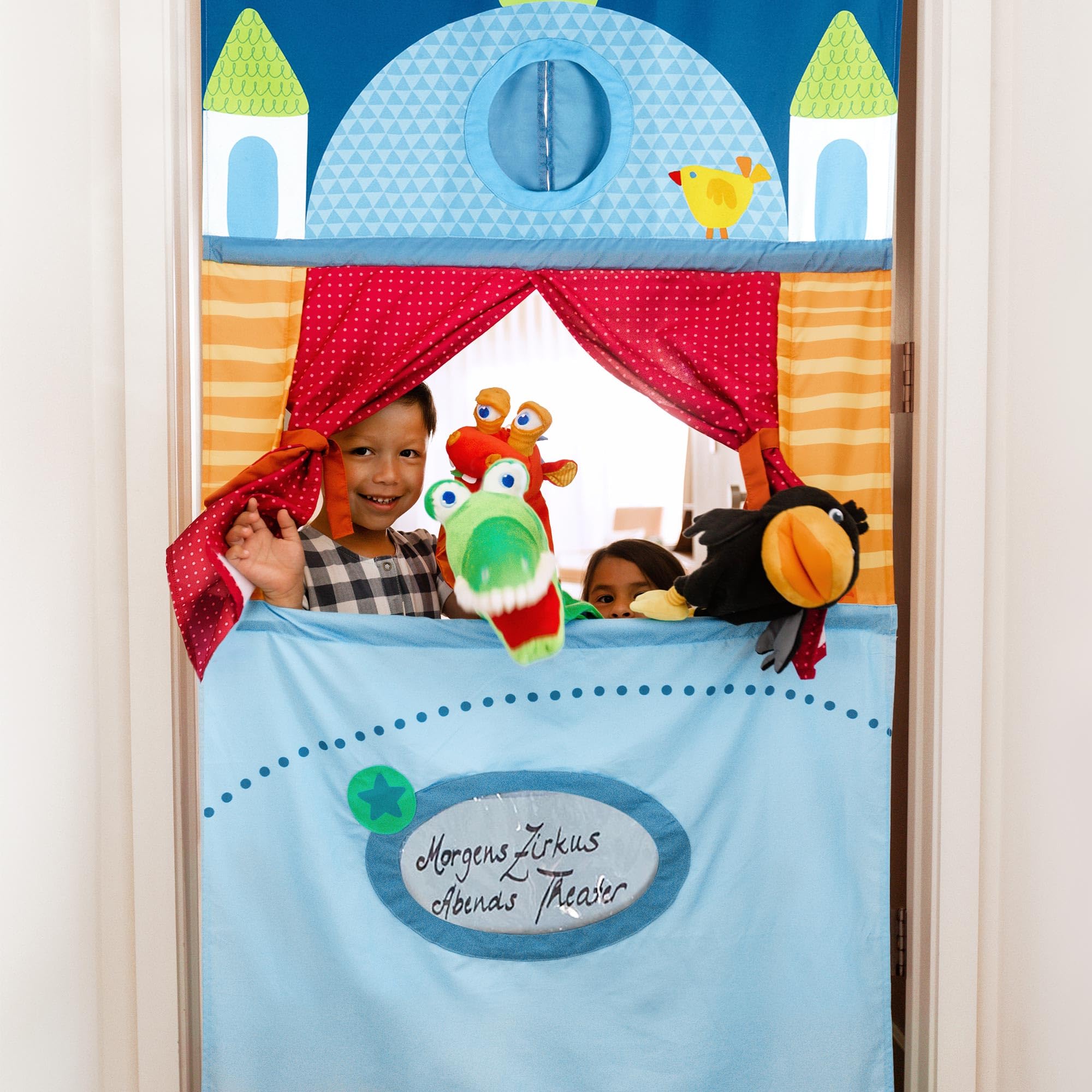 HABA Doorway Puppet Theater - Space Saver with Adjustable Rod: Ideal for Pretend Play, Hand Puppets, Educational Kids Activities, & Toys for Toddlers