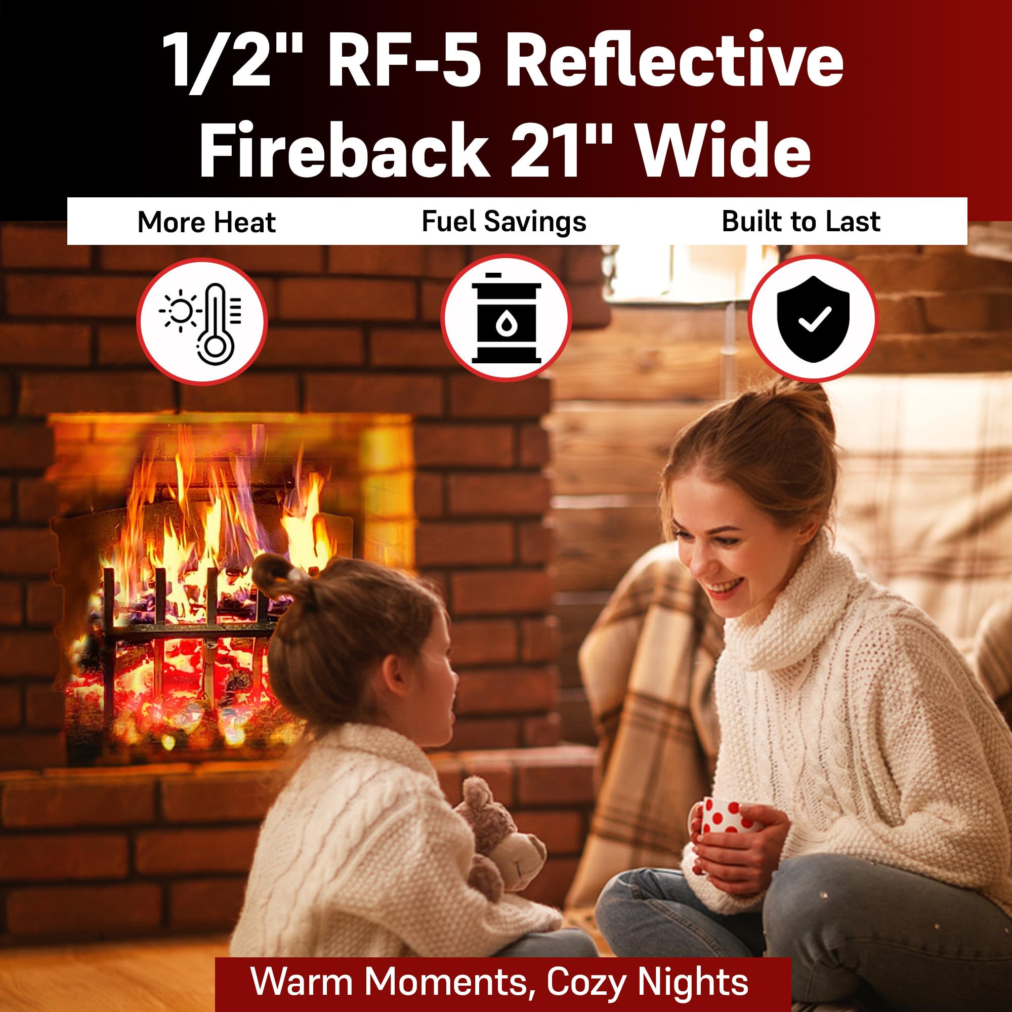 Grate Wall of Fire Model RF-5 Reflective Fireback – 21" Wide x 15.5" Tall, 1/2" Thick Steel – Boosts Fireplace Heat, One-Piece Design, Made in The USA – Compatible with Any Fireplace Grate