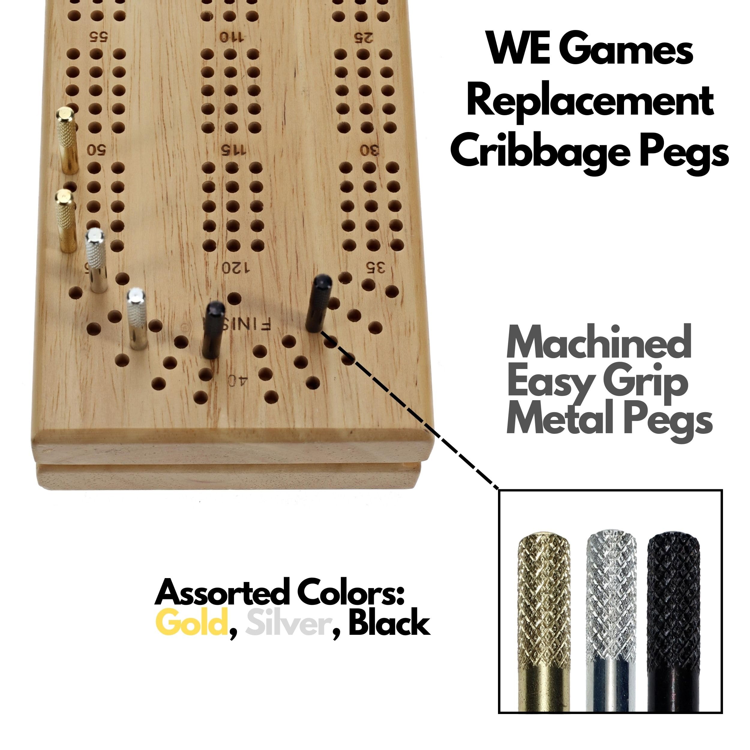 WE Games Cribbage Board Pegs Metal, Set of 9 Machined Cribbage Pegs Unique, 3 Colors (Brass, Silver & Black) Felt Pouch for Travel, Bulk Cribbage Pegs, Classic Board Games for Adults