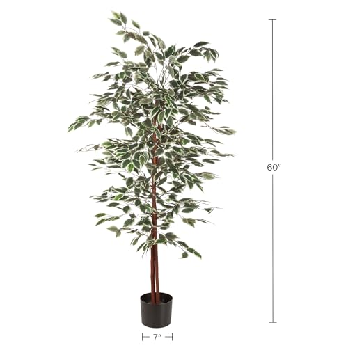 Ficus Artificial Tree - Fake Plant with Variegated Leaves and Natural Trunk - 5-Foot-Tall Topiary Decor for Indoor or Outdoor Use by Pure Garden