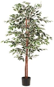 ficus artificial tree - fake plant with variegated leaves and natural trunk - 5-foot-tall topiary decor for indoor or outdoor use by pure garden