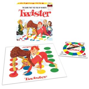 classic twister with retro design and oversized spinner by winning moves games usa, party game for 2 or more players, indoor and outdoor fun for kids ages 6+