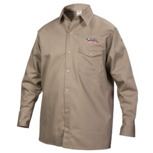 lincoln electric welding shirt | premium flame resistant (fr) cotton | custom fit | khaki / tan | large | k3382-l