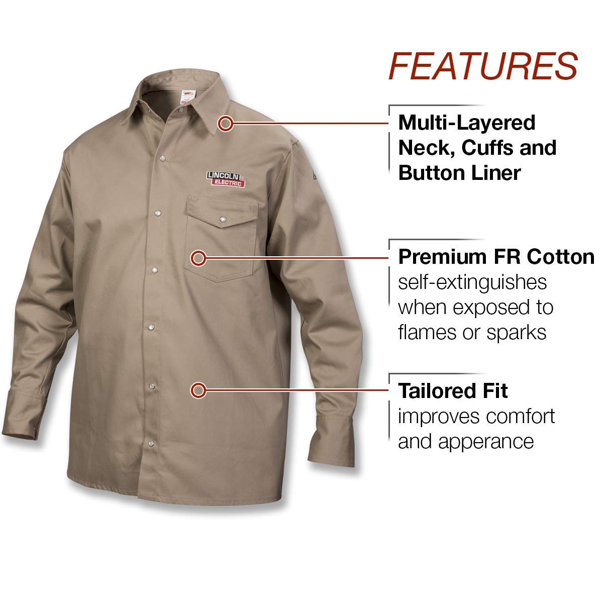 Lincoln Electric Welding Shirt | Premium Flame Resistant (FR) Cotton | Custom Fit | Khaki / Tan | Large | K3382-L