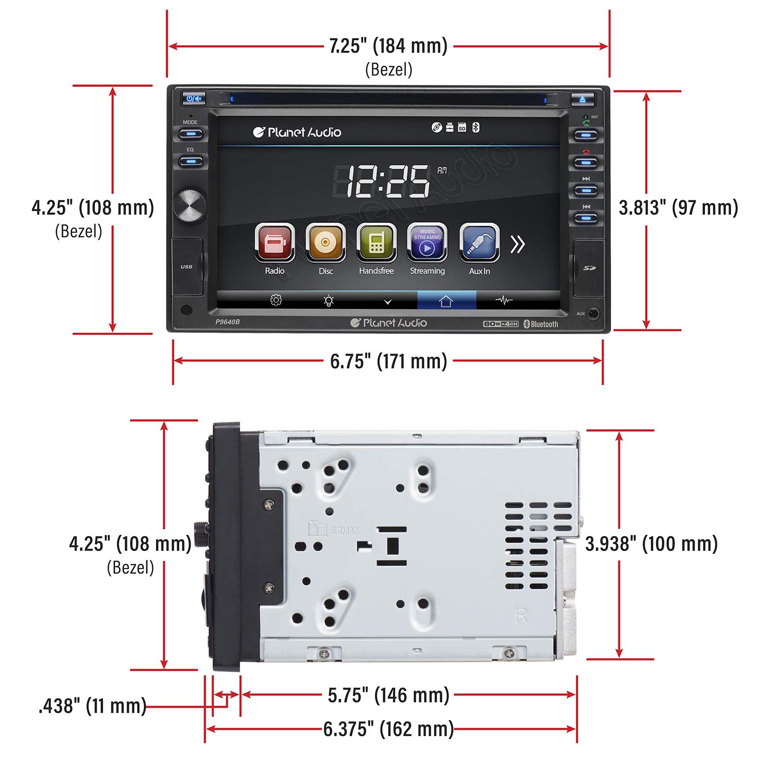 Planet Audio P9640B Car Audio Stereo System - 6.2 Inch Double Din, LCD Touchscreen, Bluetooth Audio and Hands-Free Calling, CD Player, DVD, USB, SD, AUX in, AM/FM Radio Receiver