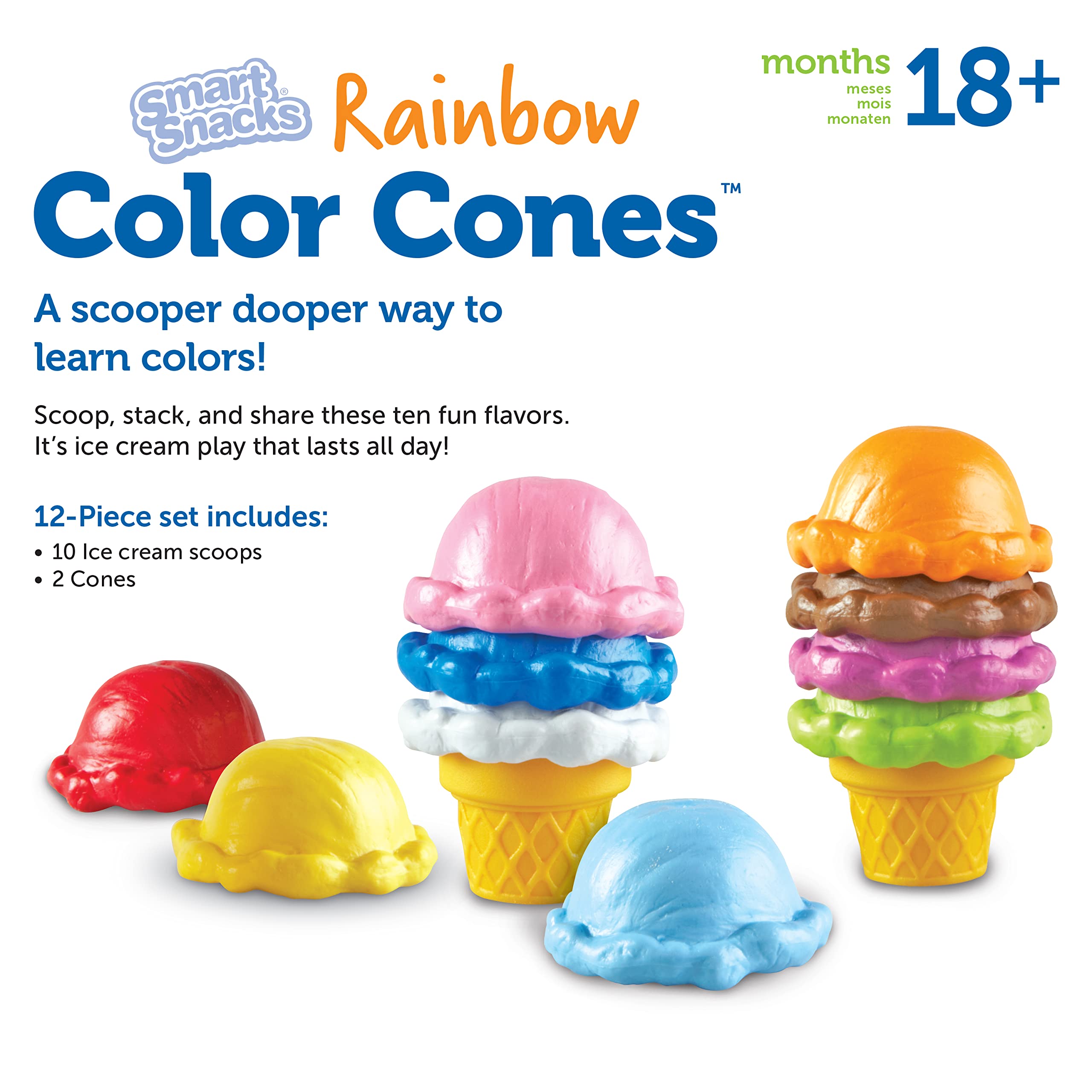 Learning Resources Smart Snacks Rainbow Color Cones - 12 Pieces, Ages 18+ months Toddler Pretend Play Toys, Fine Motor Skills Toys, Preschool Learning Toys