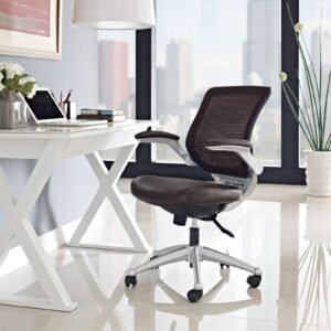 Modway Edge Mesh Back and Leather Seat Office Chair in Black with Flip-Up Arms