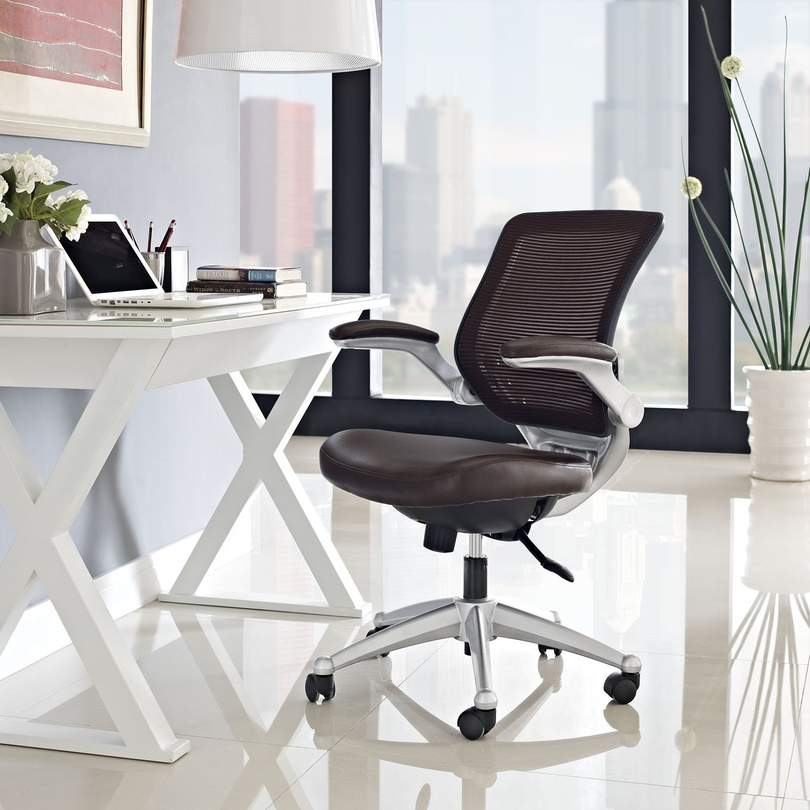 Modway Edge Mesh Back and Leather Seat Office Chair in Black with Flip-Up Arms