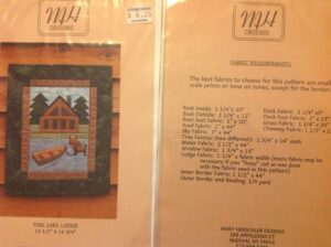 mh 625 designs sewing appliqué wall quilt pattern, pine lake lodge dock, cabin, boat, lake motifs