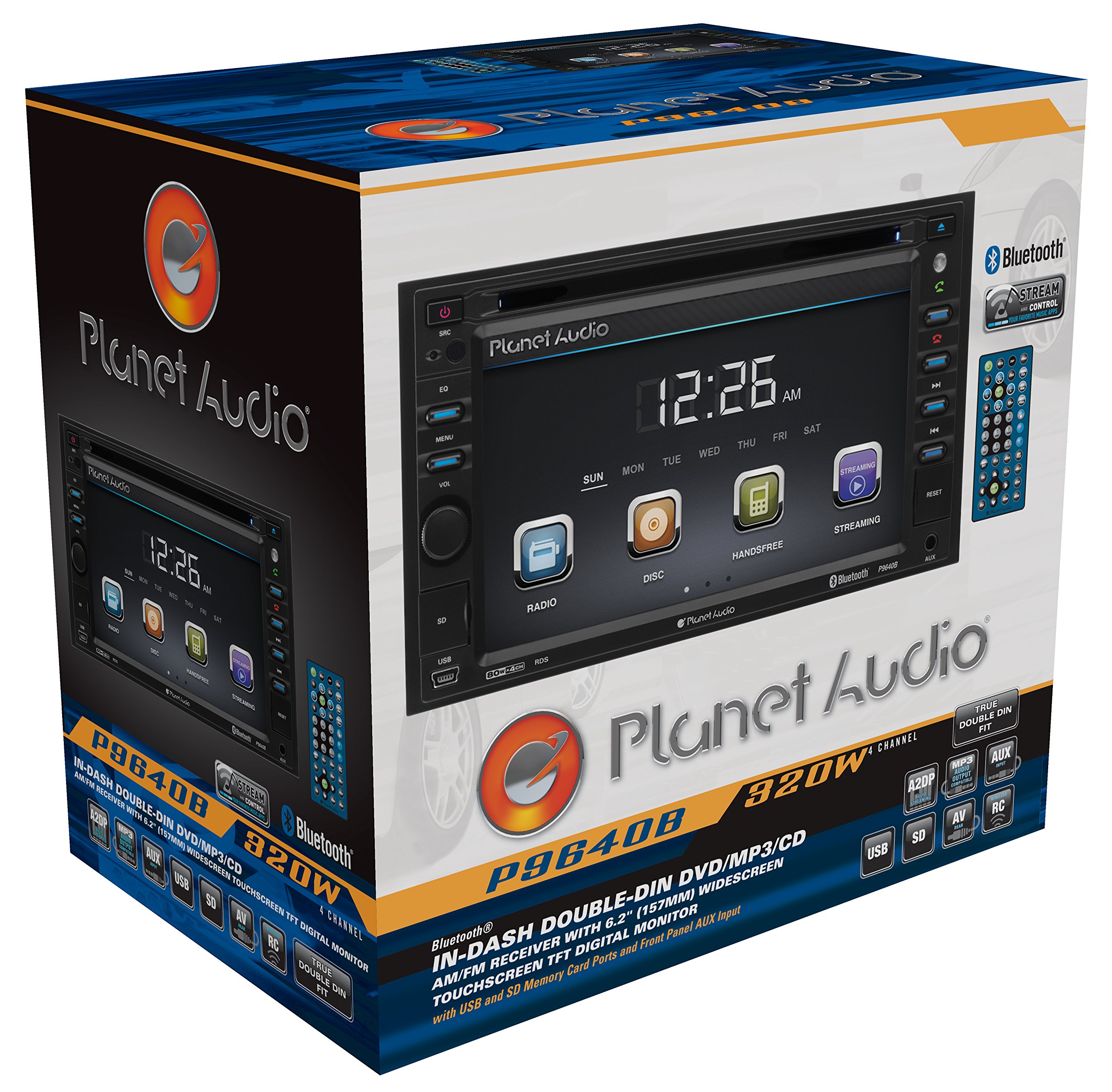 Planet Audio P9640B Car Audio Stereo System - 6.2 Inch Double Din, LCD Touchscreen, Bluetooth Audio and Hands-Free Calling, CD Player, DVD, USB, SD, AUX in, AM/FM Radio Receiver