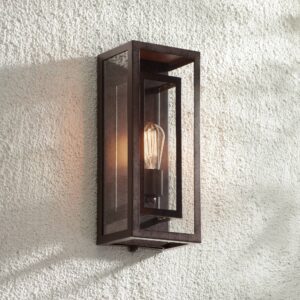 possini euro design double box modern industrial farmhouse rustic outdoor wall light fixture bronze 15 1/2" clear glass for exterior barn deck house porch yard patio outside garage front door