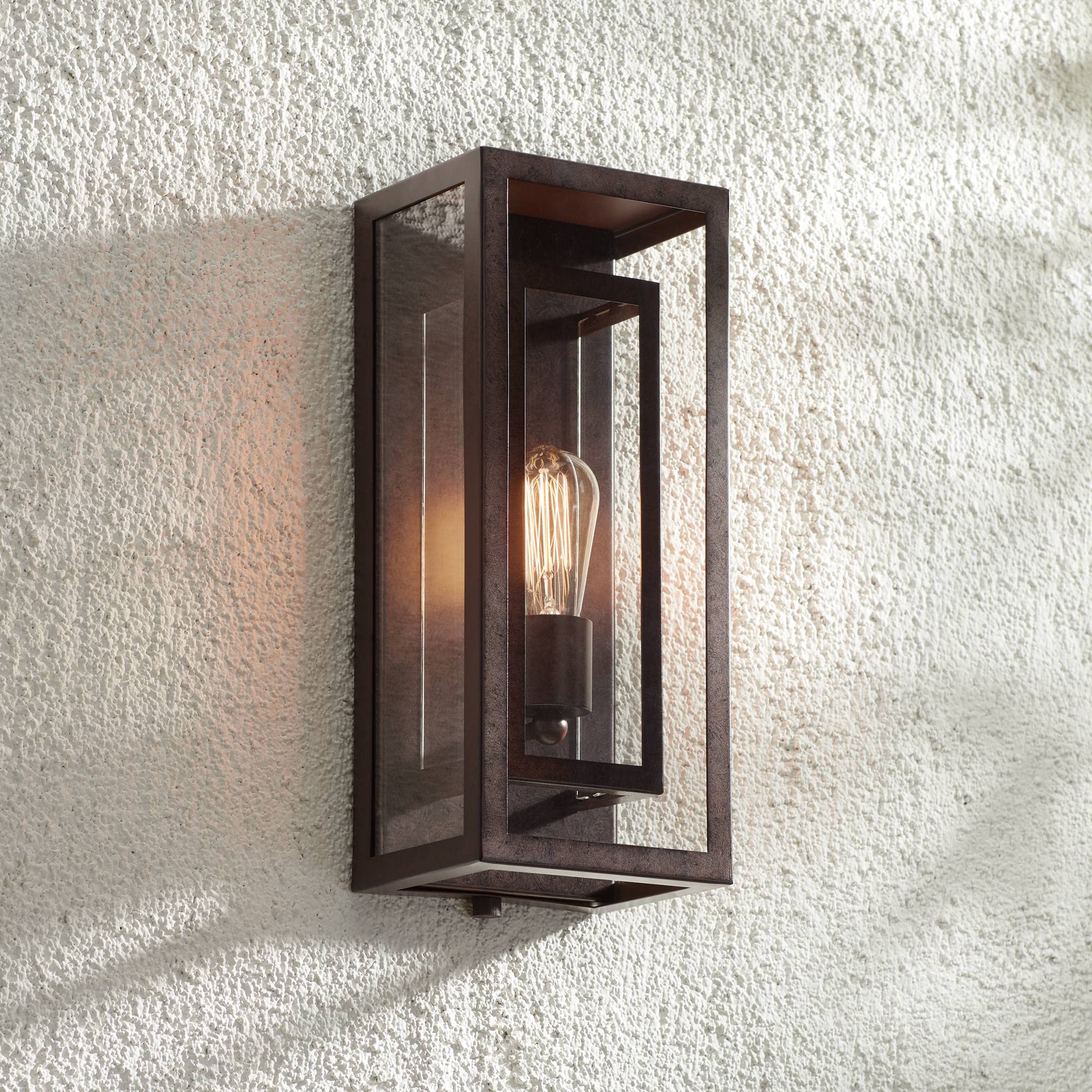 Possini Euro Design Double Box Modern Industrial Farmhouse Rustic Outdoor Wall Light Fixture Bronze 15 1/2" Clear Glass for Exterior Barn Deck House Porch Yard Patio Outside Garage Front Door