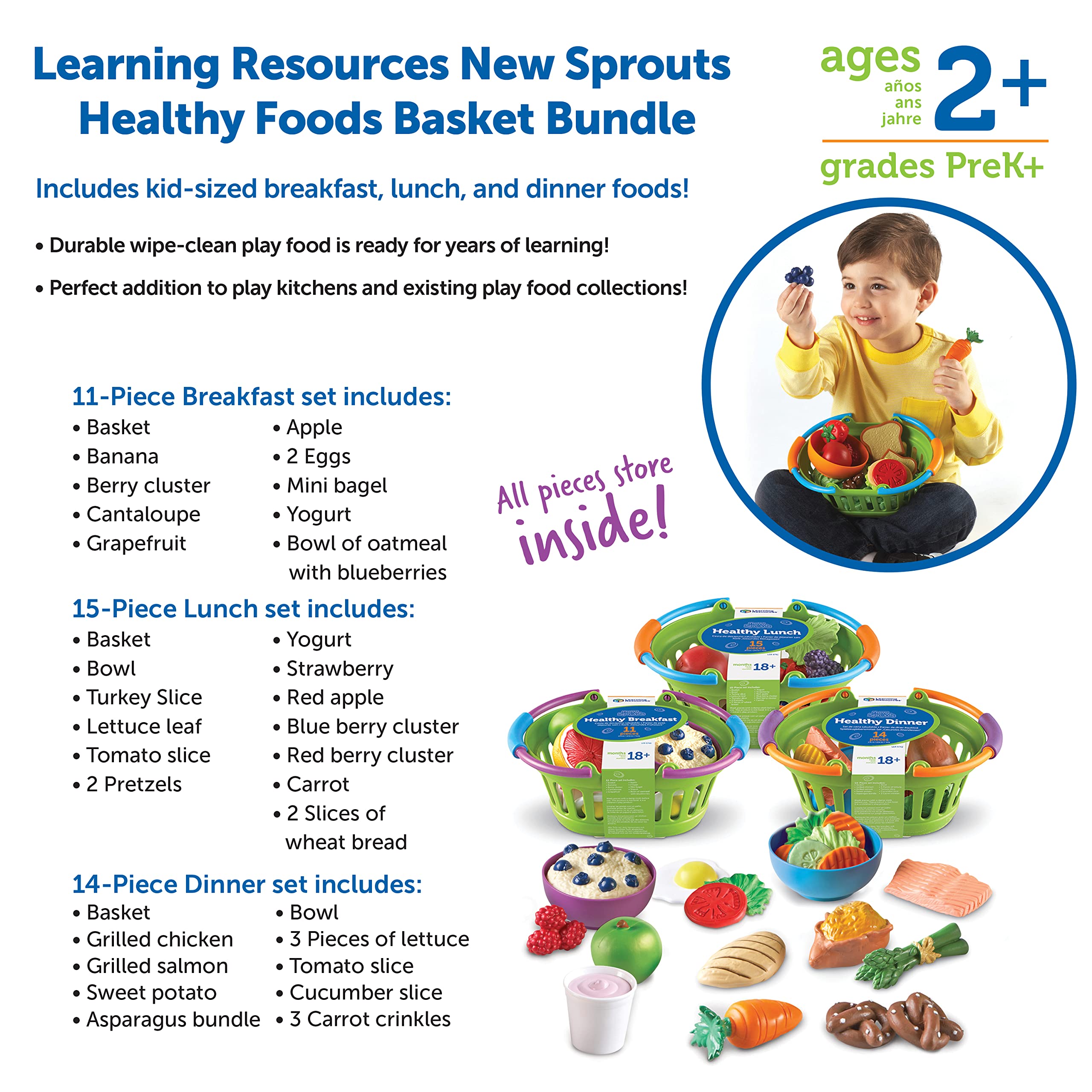 Learning Resources New Sprouts Healthy Foods Basket Bundle - 37 Pieces, Ages 18+ months Pretend Toddler Food, Healthy Play Food for Kids, Toddler Learning Toys