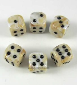 wondertrail ivory marbleized dice with black pips 16mm (5/8 inch) d6 set of 6