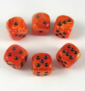 orange vortex with black pips 16mm d6 dice set of 6 wondertrail wcx27633e6