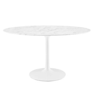 modway lippa 54" oval-shaped mid-century modern dining table with artificial marble top and white base