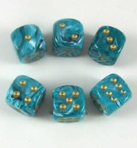 wondertrail teal vortex with gold pips 16mm d6 dice set of 6 wcx27639e6