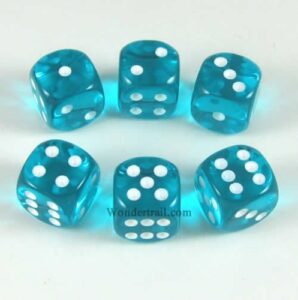 teal translucent dice white pips d6 16mm pack of 6 wondertrail wcx23615e6