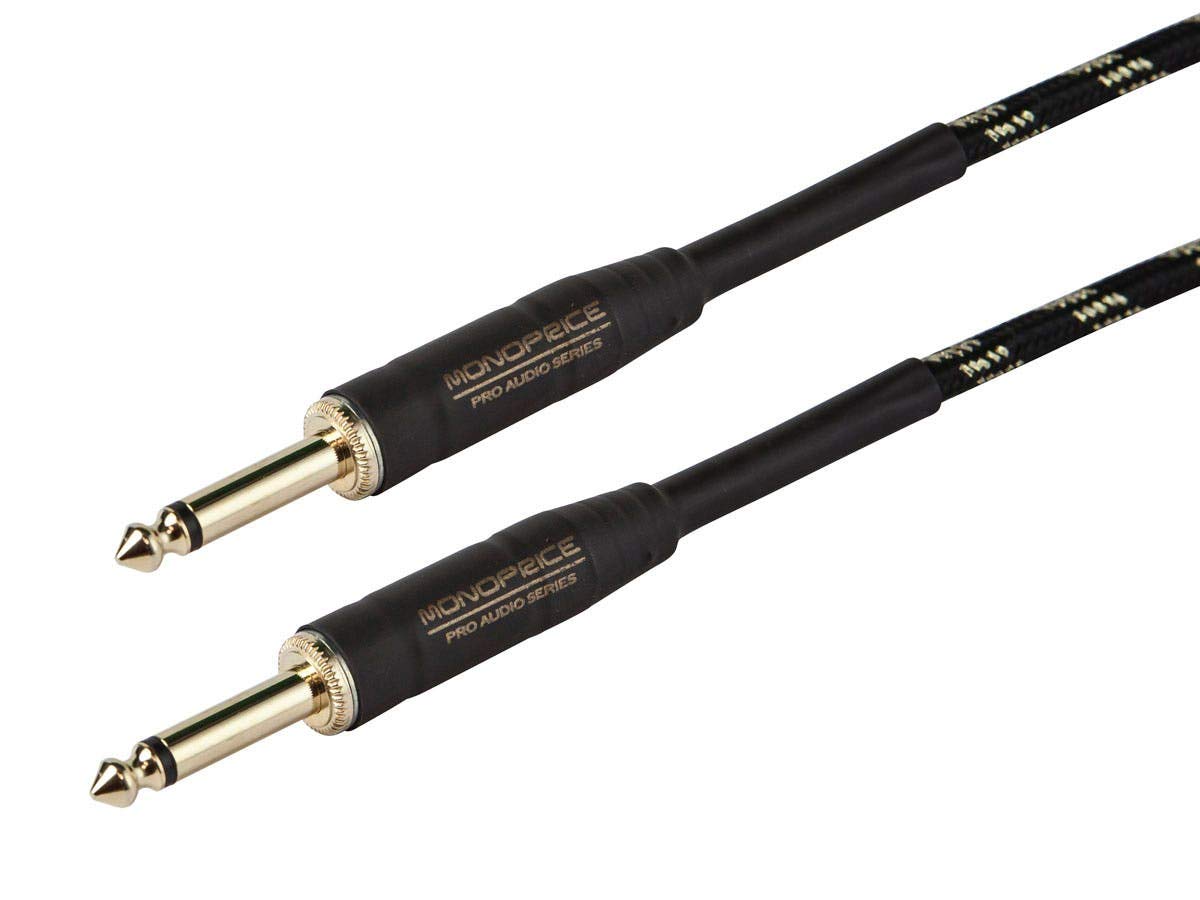 Monoprice 1/4-Inch TS Male Guitar and Instrument Cable - 15 Feet - Black & Gold | 20AWG - Gold Plated - Cloth Series