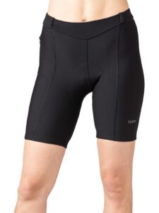 terry touring bike short regular 8" long womens padded cycling shorts for women compression pockets leg grippers - black, medium