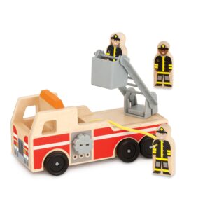 melissa & doug wooden fire truck with 3 firefighter play figures - fire truck toys for kids, toddler toy for pretend play, classic wooden toys for kids