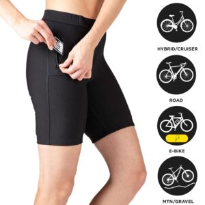 Terry Touring Bike Short Regular 8" Long Womens Padded Cycling Shorts for Women Compression Pockets Leg Grippers - Black, Medium