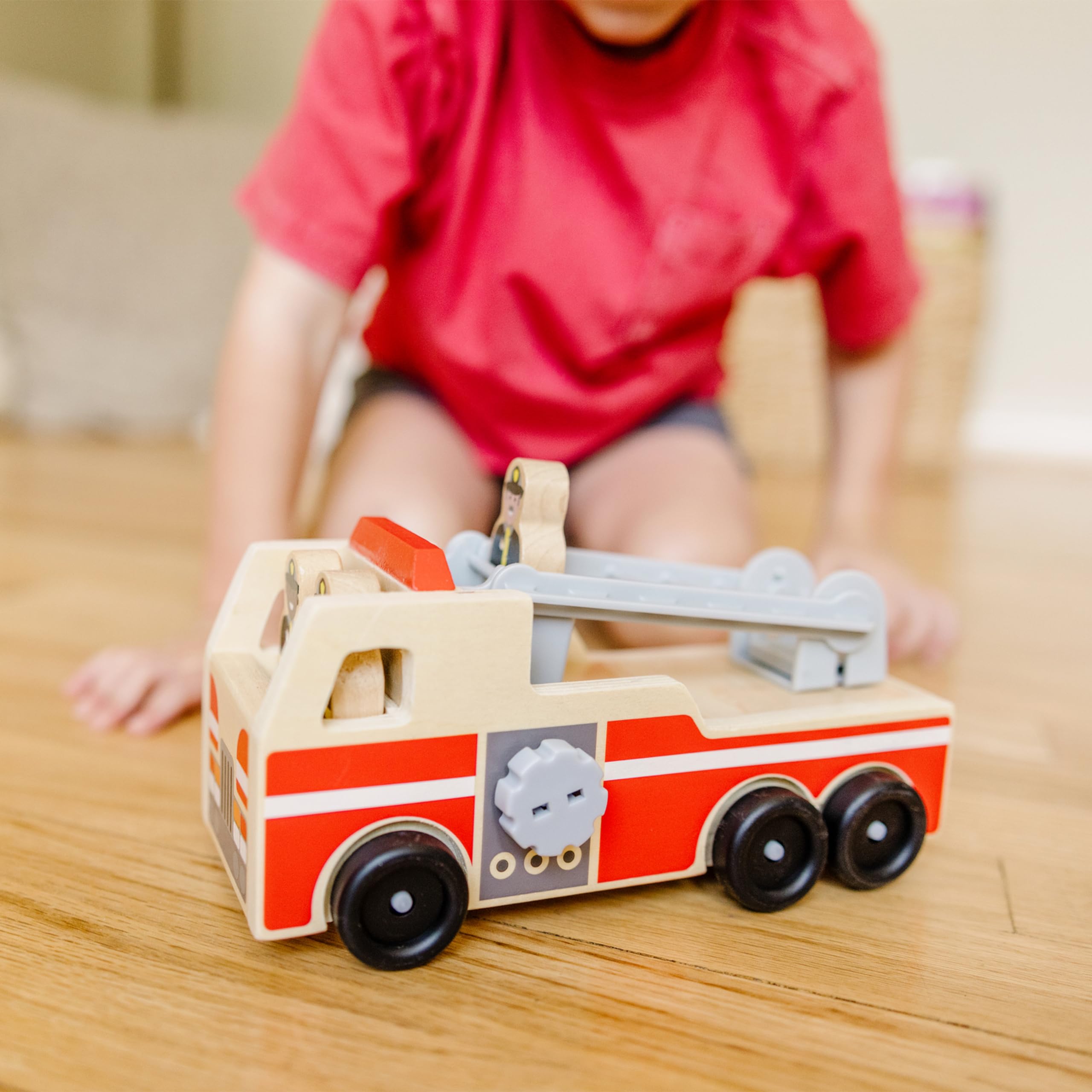 Melissa & Doug Wooden Fire Truck With 3 Firefighter Play Figures - Fire Truck Toys For Kids, Toddler Toy For Pretend Play, Classic Wooden Toys For Kids