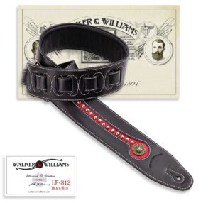 walker & williams black & red western style padded guitar strap with chrome and brass studs for acoustic, electric, and bass guitars