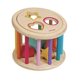 janod i wood – shape sorter drum – classic colorful 6 piece shape sorter with magnetic lid – ages 18 months+ mixed j05336